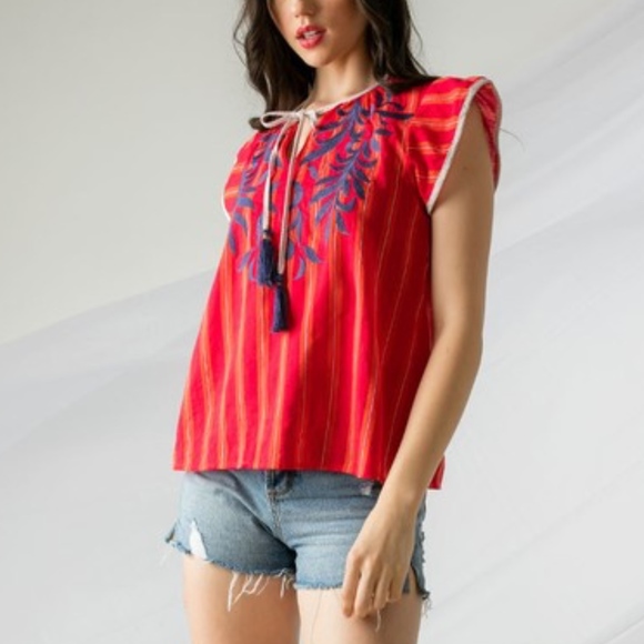THML | Tops | Last Nwt Thml Red Striped Embroidered Top | Poshmark